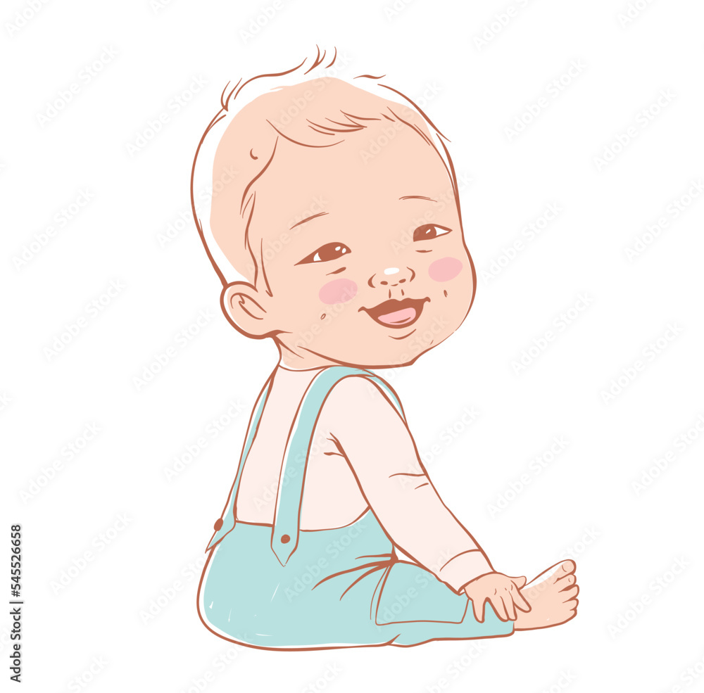 Cute baby boy sitting and laughing. Active baby of 3-12 months dressed ...