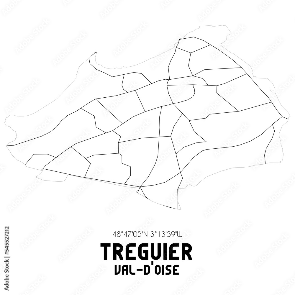 TREGUIER Val-d'Oise. Minimalistic street map with black and white lines ...