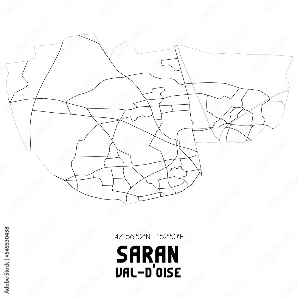 SARAN Val-d'Oise. Minimalistic street map with black and white lines ...