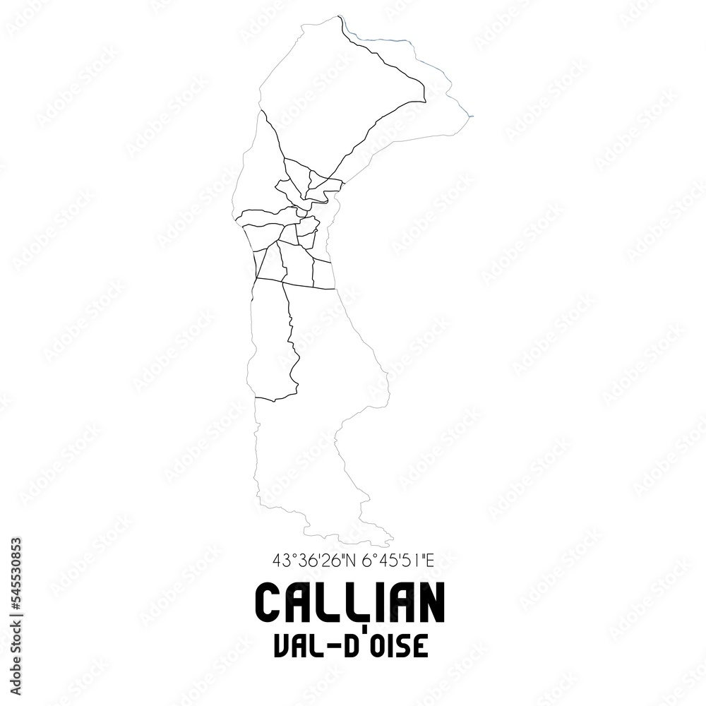 CALLIAN Val-d'Oise. Minimalistic street map with black and white lines ...
