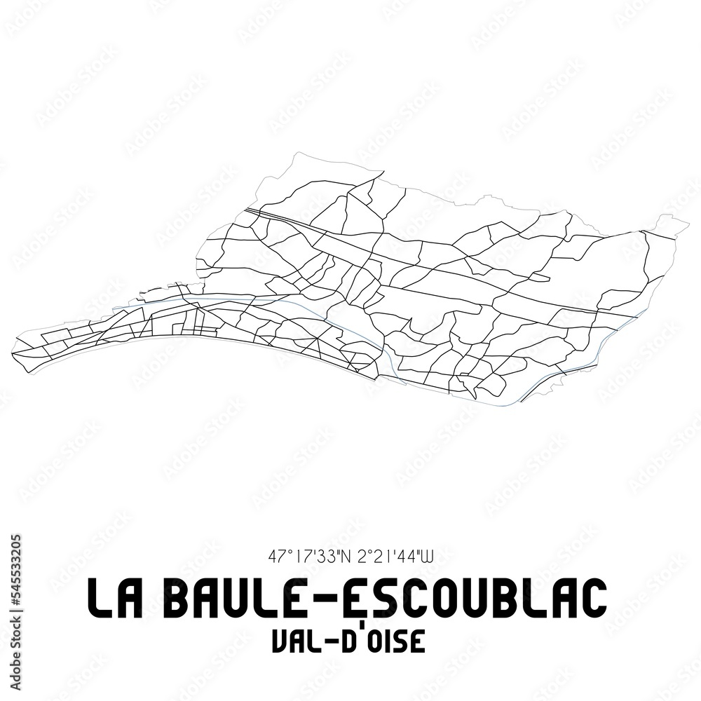 LA BAULE-ESCOUBLAC Val-d'Oise. Minimalistic street map with black and ...