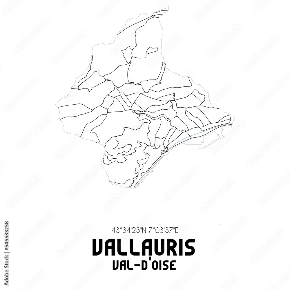 VALLAURIS Val-d'Oise. Minimalistic street map with black and white ...