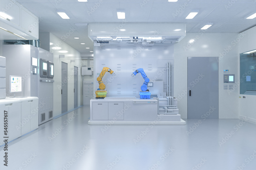 Automation laboratory with robotic arms in white futuristic laboratory Stock Illustration ...