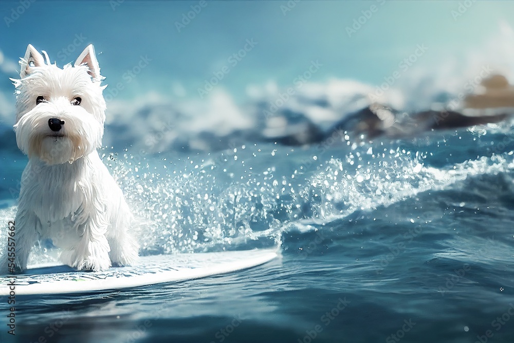 Spectacular west highland white terrie look at camera on surfboard ...