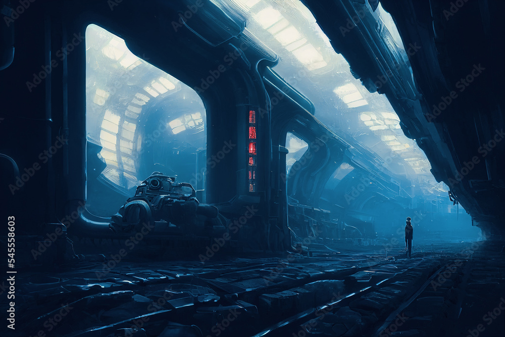 Lifeless gloomy underground city landscape with futuristic dystopia ...