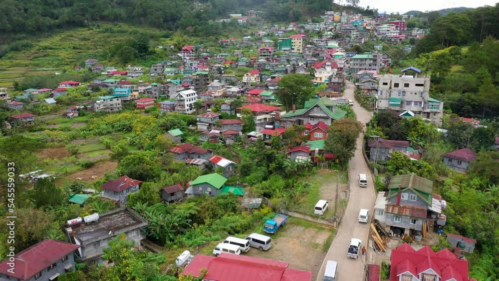 The town is surrounded by mountains, a top view. Sagada city on Luzon ...