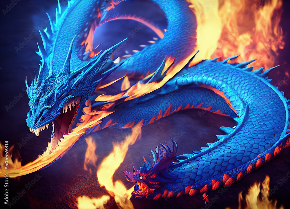 Spectacular mythical legendary creature, fantasy blue fire dragon it ...