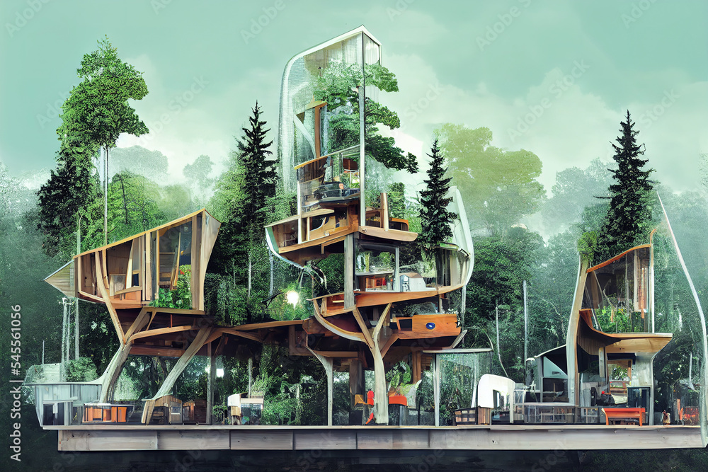Spectacular concept art of environmental friendly modern treehouse with ...