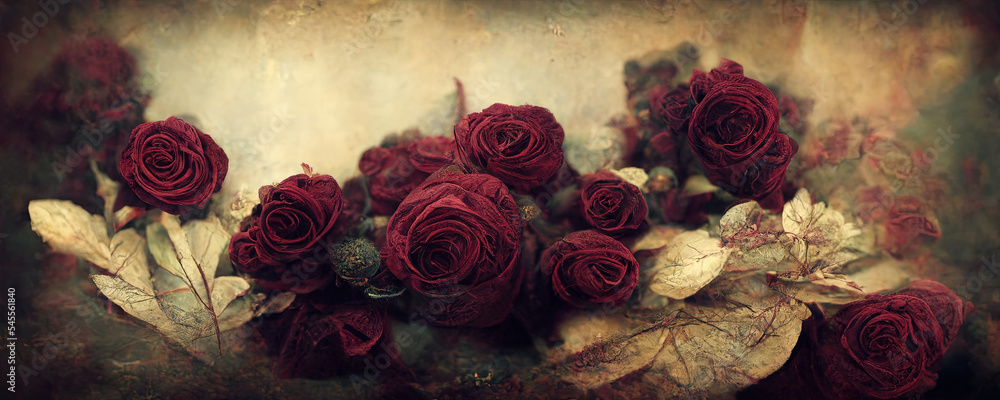 Deep red roses bouquet on blurred background macro shoot. AI generated ...