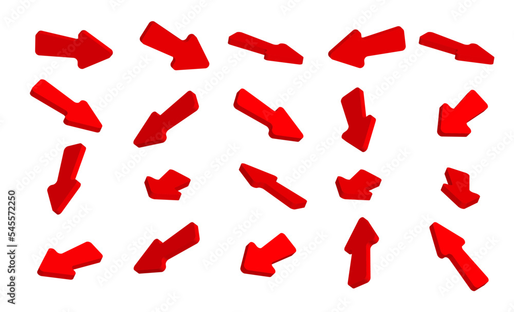 Set of 3d red arrow vectors with different shapes and directions. Arrow ...