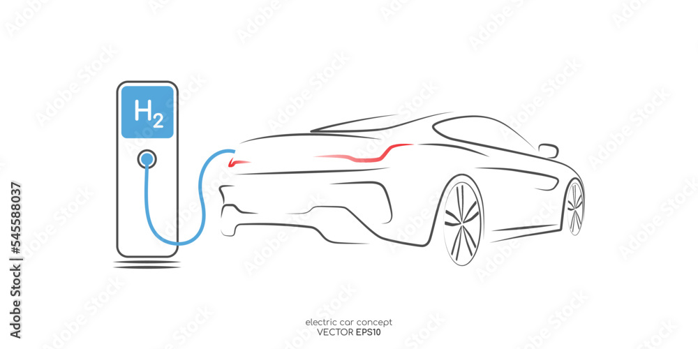 hydrogen car on gas stations fuel dispenser by sketch line back view ...