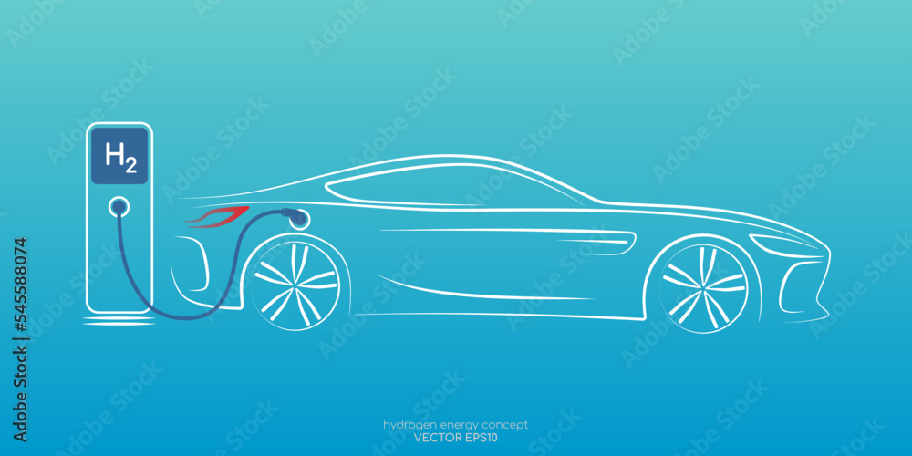 Hydrogen car on gas stations fuel dispenser by sketch line side view ...