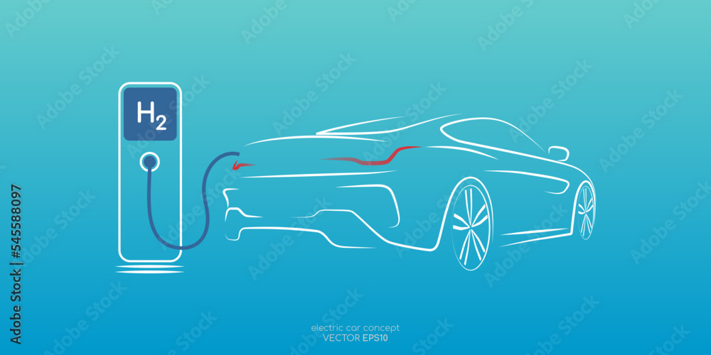 Hydrogen car on gas stations fuel dispenser by sketch line back view ...