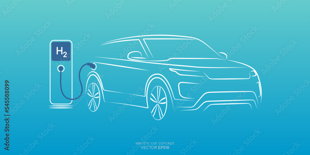 SUV hydrogen car on gas stations fuel dispenser by sketch line front ...