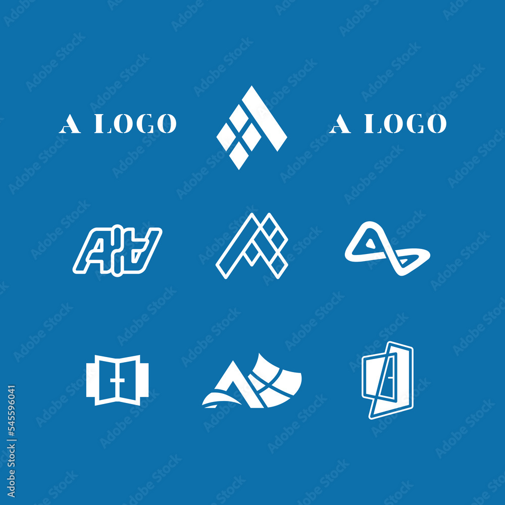 Set of modern vector logos on a blue background. Windows, doors, houses ...