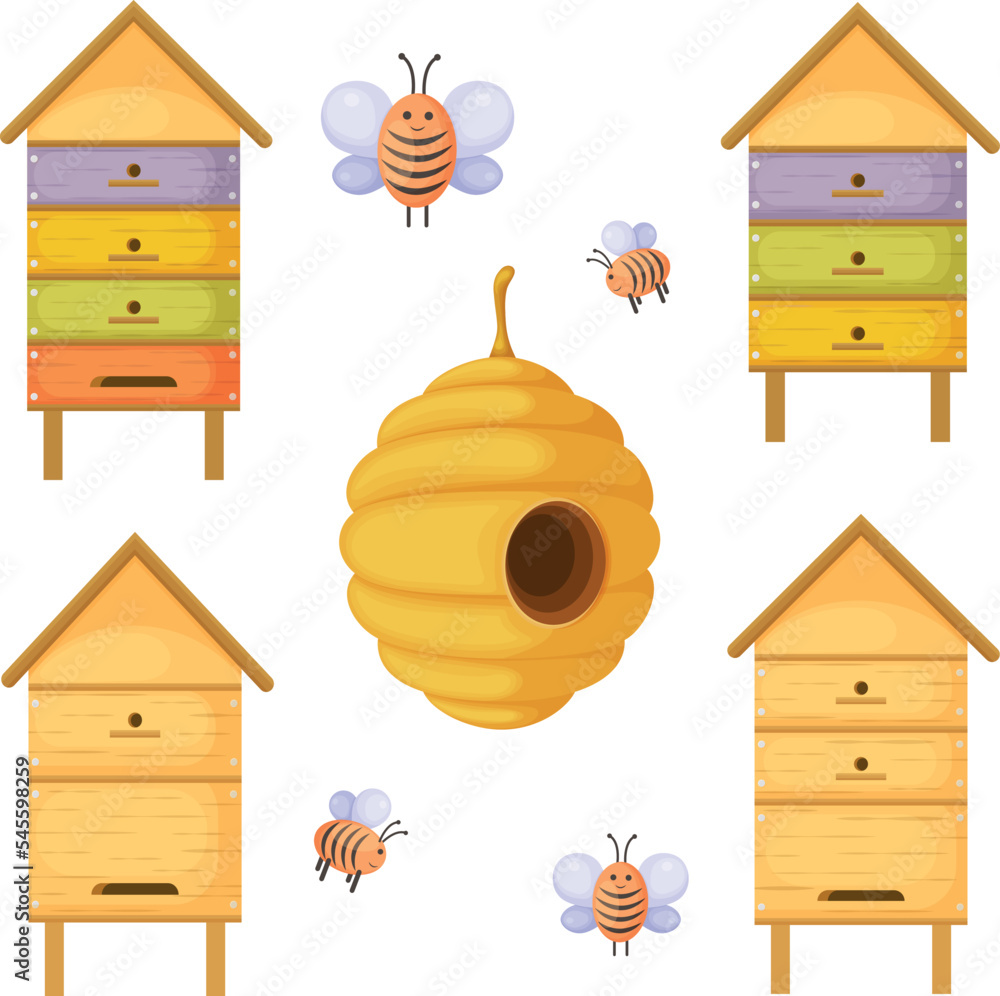 Bee hives. A set with the image of beehives of various shapes and ...