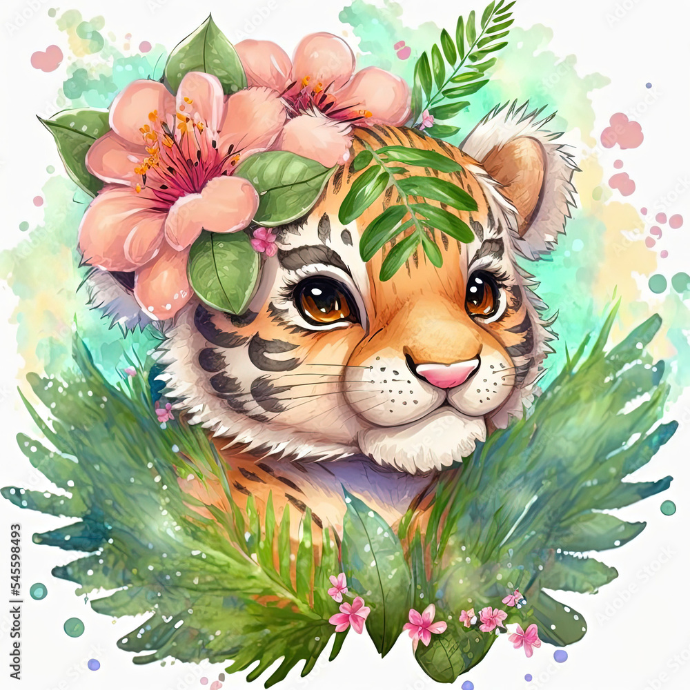 Adorable Baby Tiger with Flowers Watercolor Illustration Stock ...