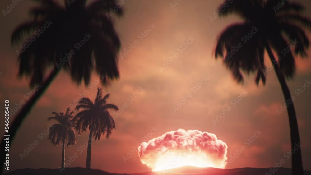 nuclear explosion with a mushroom cloud, atomic bomb test tropical ...