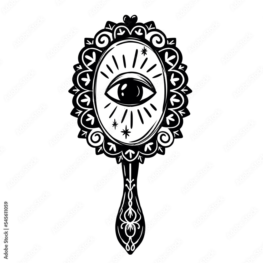 Graphic sketch of magical mystery vintage mirror with magic eye ...
