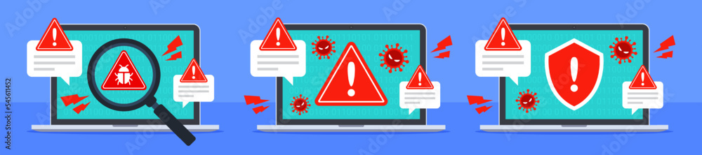 Computer virus attack on laptop. System security threat warning alert ...
