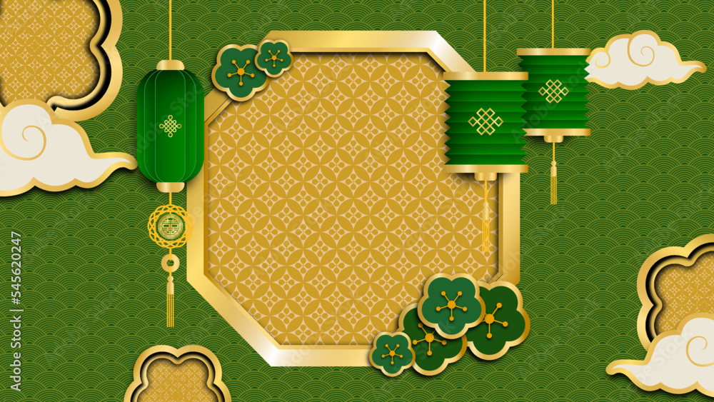 Chinese new year octagon frame gold and green background illustration ...