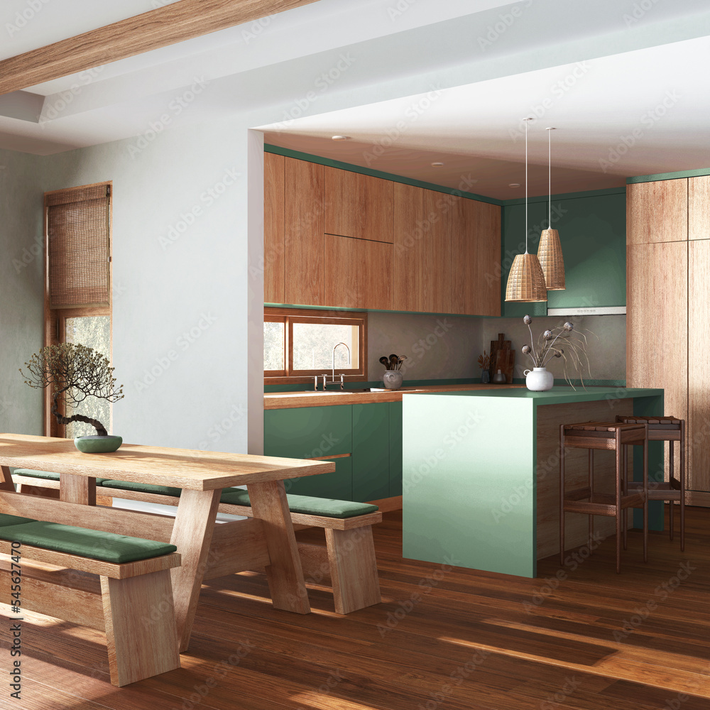 Japandi living, dining room and kitchen in white and green tones. Fabric sofa, dining table with ...