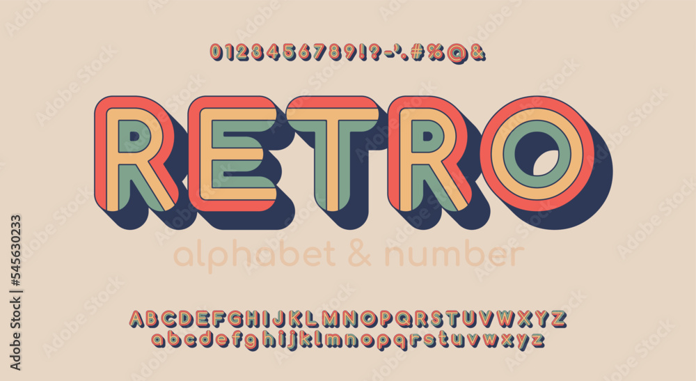 Decorative striped vintage retro alphabet in 70s style. Typography ...