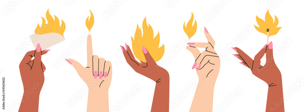 Set with women's hands holding objects in flame, fire elements ...