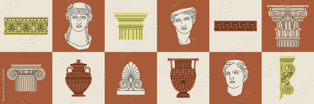 Posters set with classical architectural details, sculptures and ...