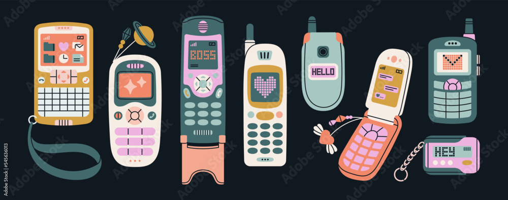 Big set with retro electronic devices. Mobile phones with buttons ...