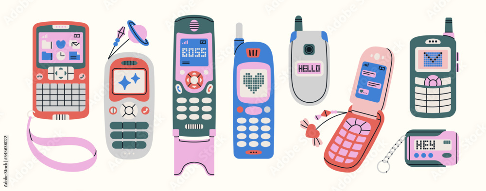 Big set with retro electronic devices. Mobile phones with buttons ...