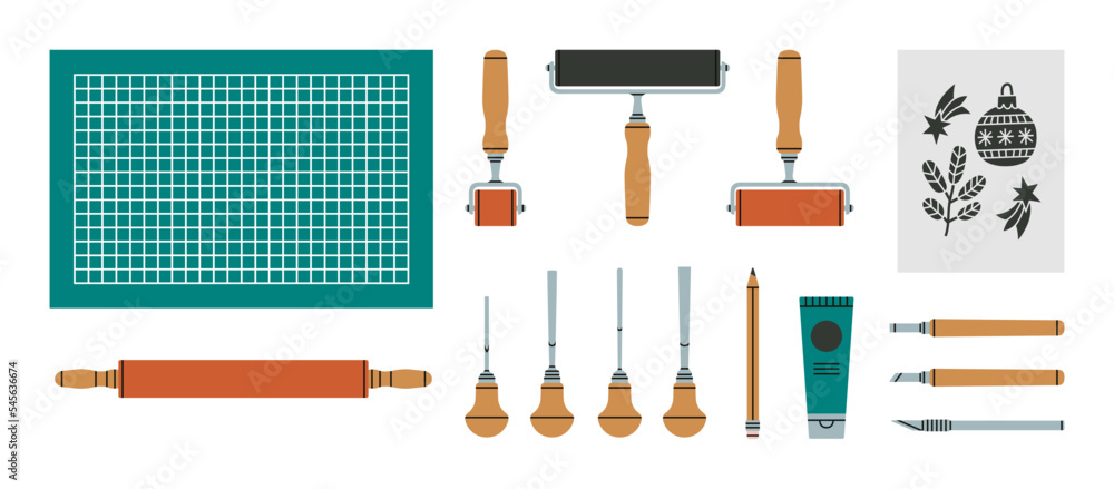 Set with linocutting equipment. Arts and crafts concept. Paint roller ...