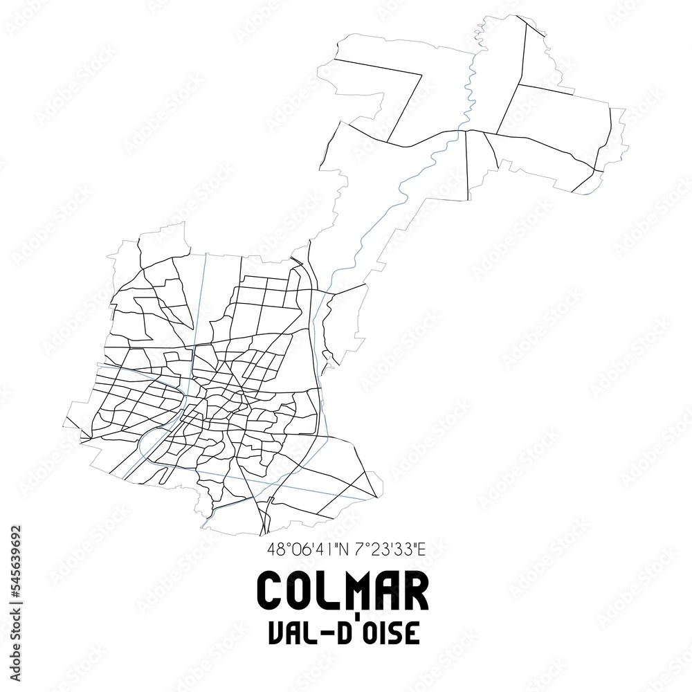 COLMAR Val-d'Oise. Minimalistic street map with black and white lines ...