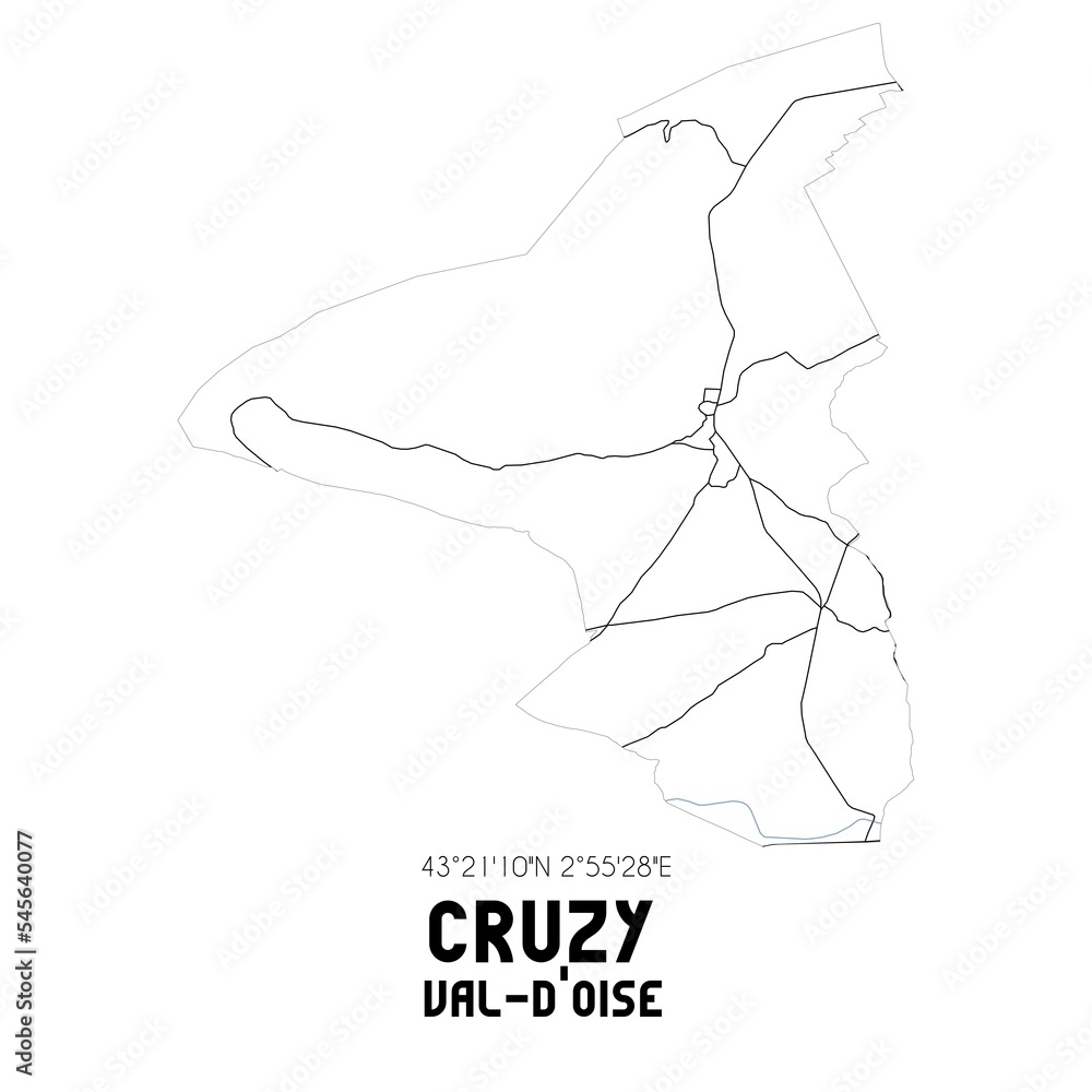 CRUZY Val-d'Oise. Minimalistic street map with black and white lines ...