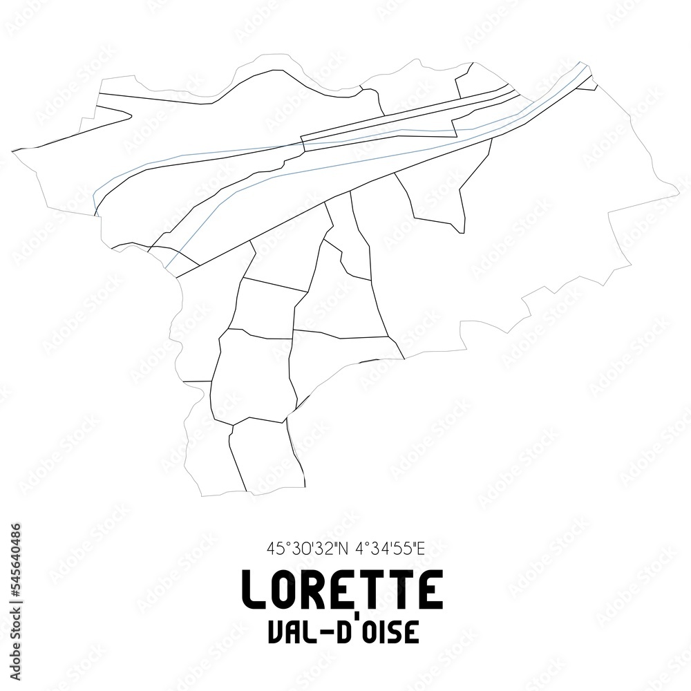 LORETTE Val-d'Oise. Minimalistic street map with black and white lines ...