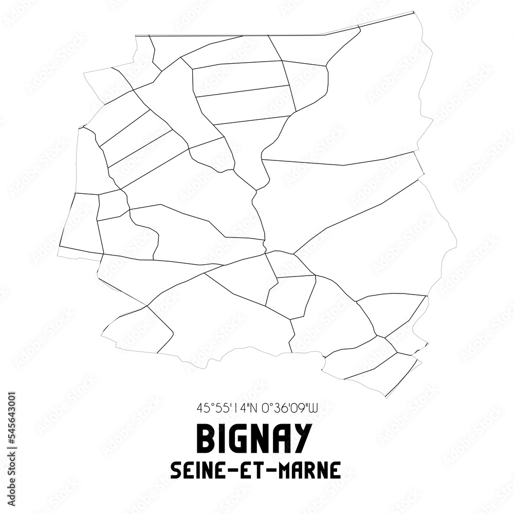 BIGNAY Seine-et-Marne. Minimalistic street map with black and white ...