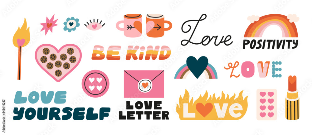 Stickers set with attributes of love. Different types of love - passion ...