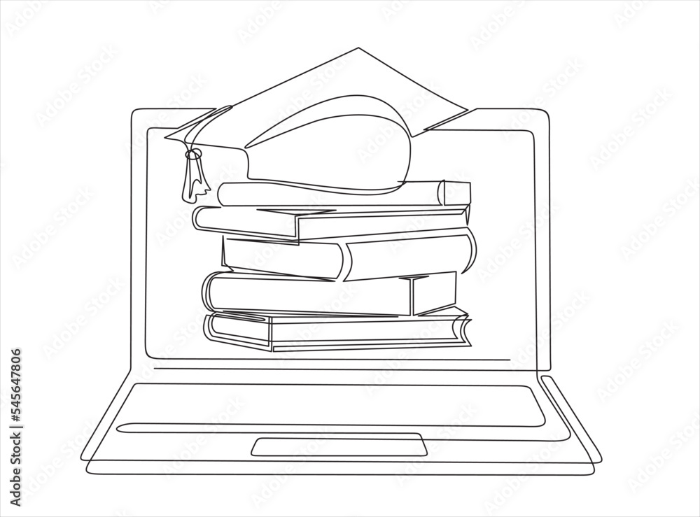 Continuous line drawing or one line drawing Graduation Hat and books ...