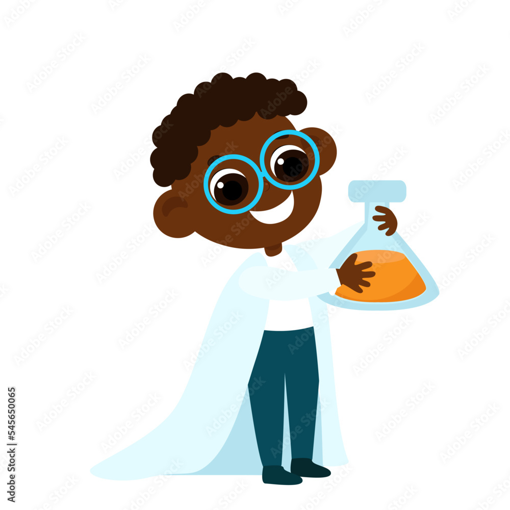 Kid Inventors Day. A boy in a white coat holds a test tube or flask ...