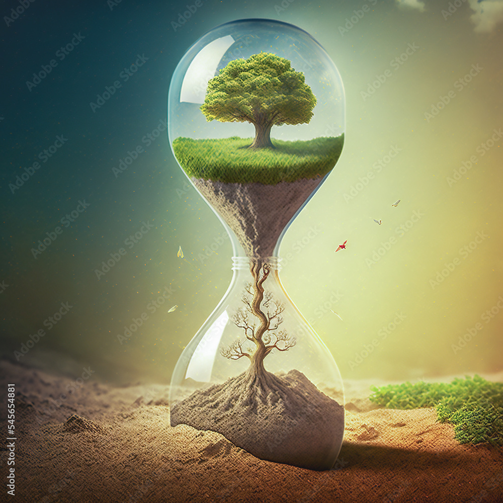 hourglass with tree in top part and sand on the bottom - depicting ...