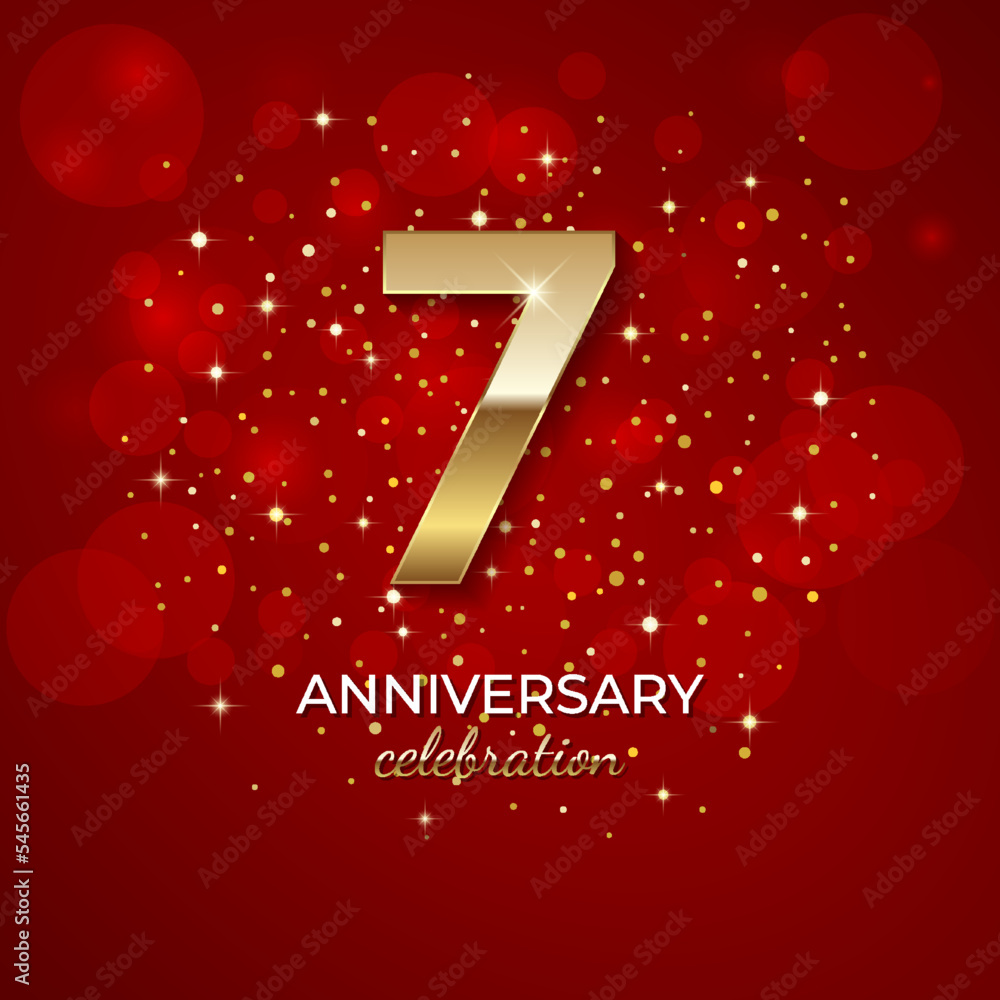7th Anniversary. Golden number 7 with sparkling confetti and glitter ...