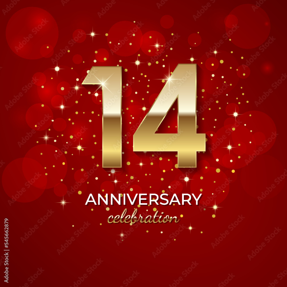 14th Anniversary. Golden number 14 with sparkling confetti and glitter ...