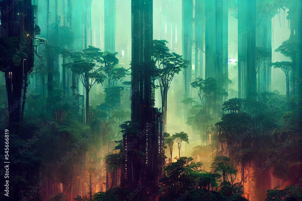 Postapocalyptic landscape with tree houses in vertical forest Stock ...
