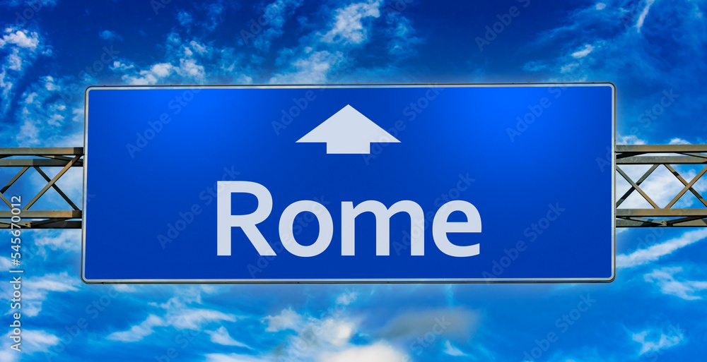 Road sign indicating direction to the city of Rome Stock Photo | Adobe ...