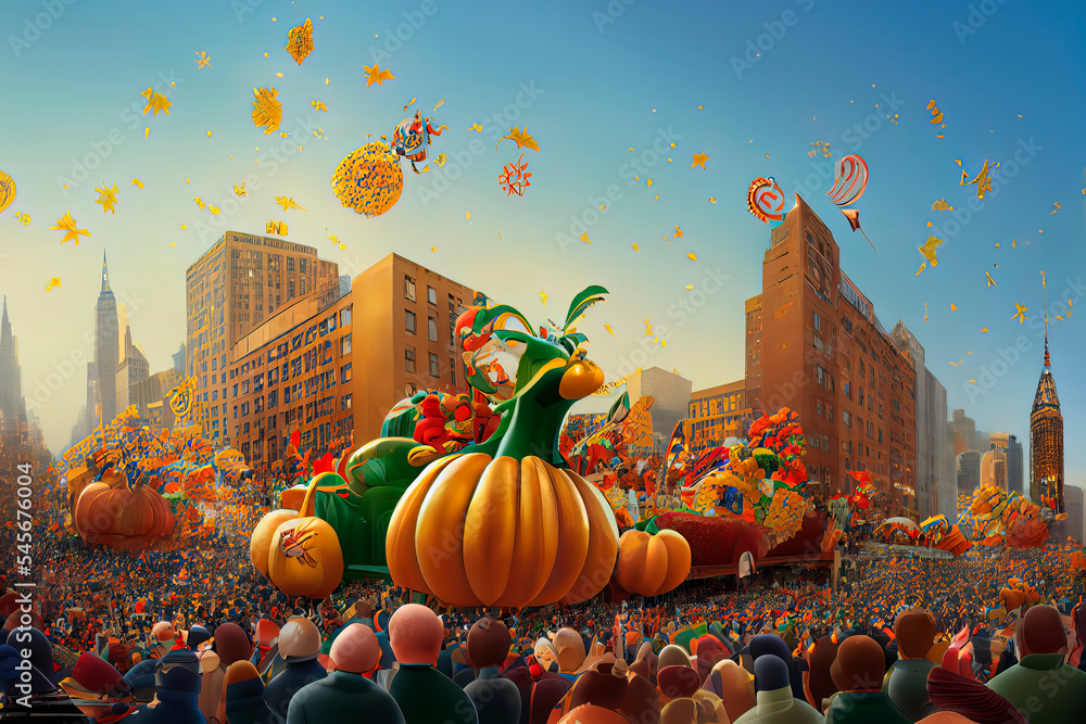 Macy's Thanksgiving Day Parade in the New York. Holiday, cartoon style ...