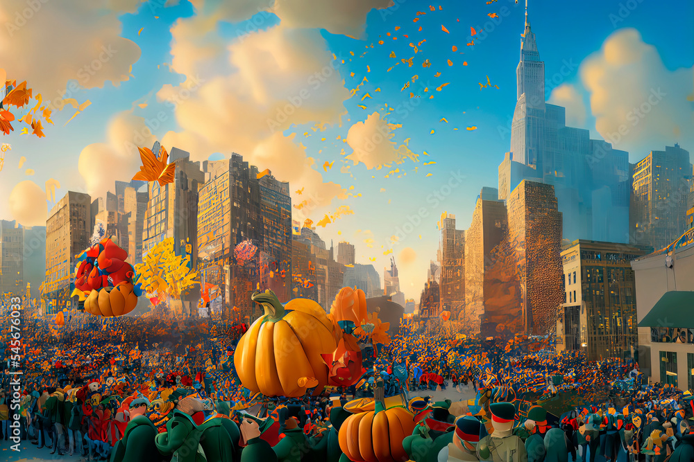 Macy's Thanksgiving Day Parade in the New York. Holiday, cartoon style ...