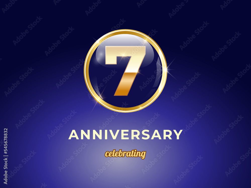 Vector graphic of 7 years golden anniversary logo with round blue ...