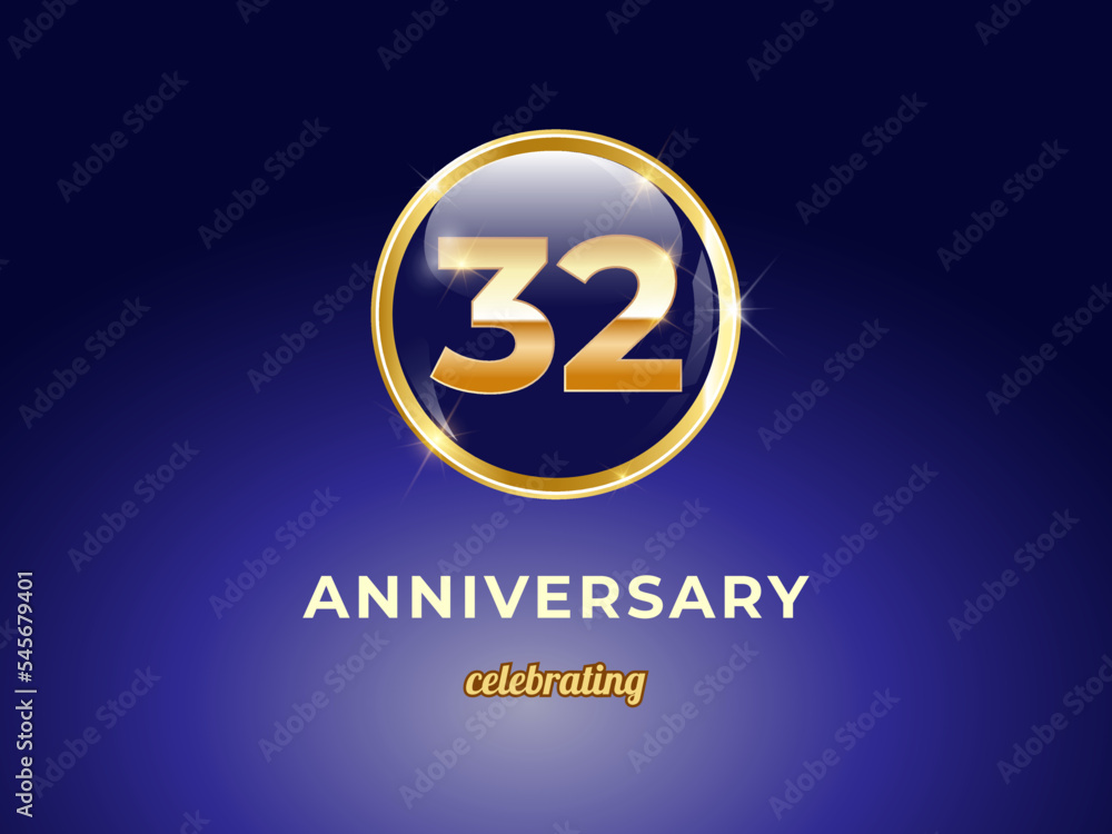 Vector graphic of 32 years golden anniversary logo with round blue ...