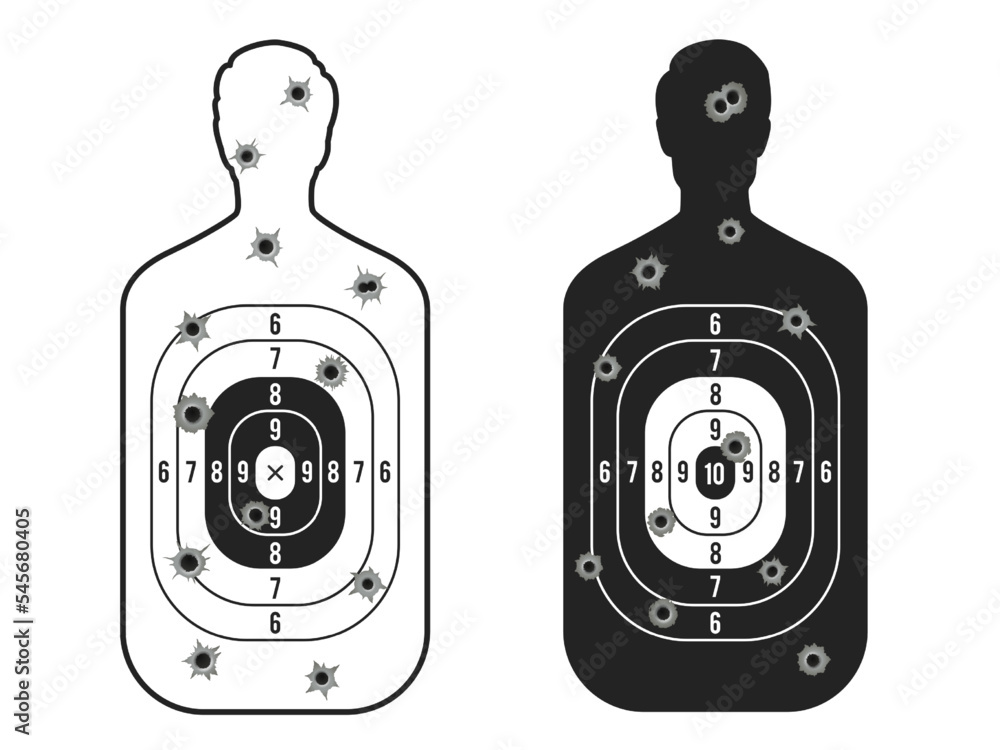 Shot target. Human silhouette with bullet circular holes, military ...