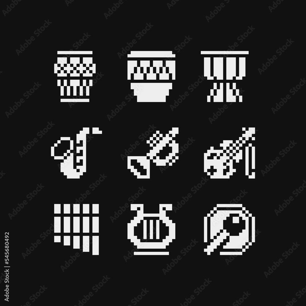 Musical instrument pixel art web icons set. Trumpet, pan flute, gong ...